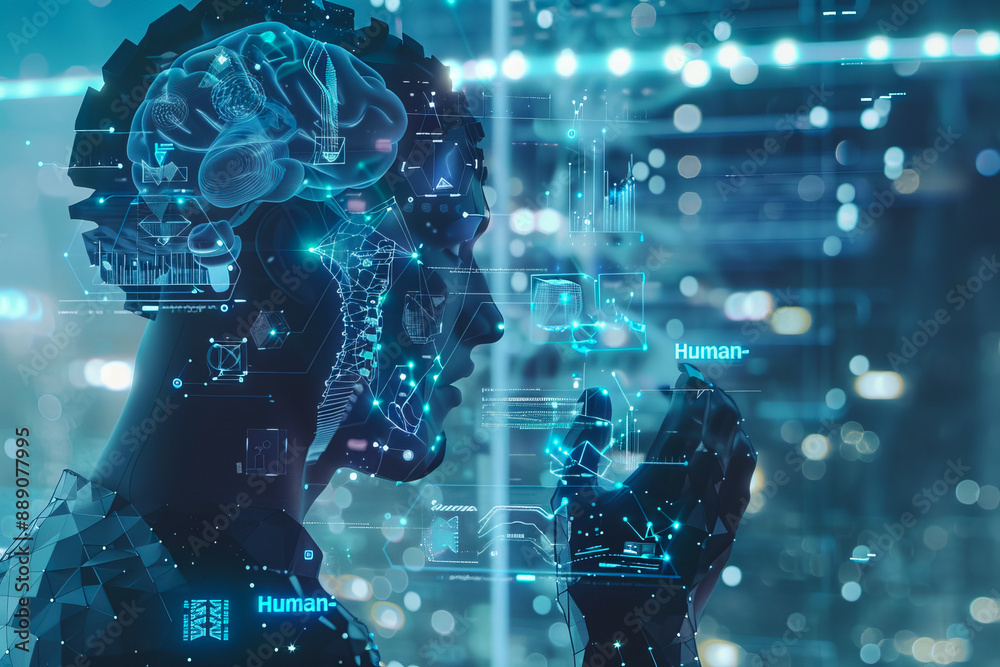 A human figure with AI interface overlay, displaying glowing neural ...