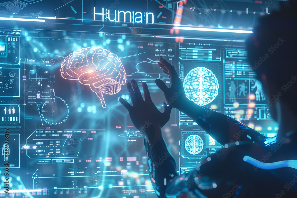 Foto de A human figure with AI interface overlay, displaying glowing ...