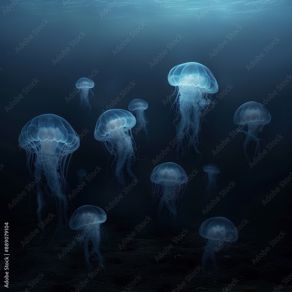 Alien-like sea creatures in a deep ocean trench, mysterious marine ...