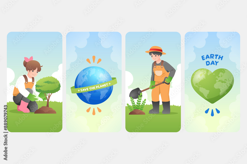 Gradient earth day illustration set collection with kids planting a ...