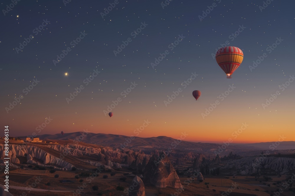 Balloons ascending in the early morning light over Cappadocia, with a ...