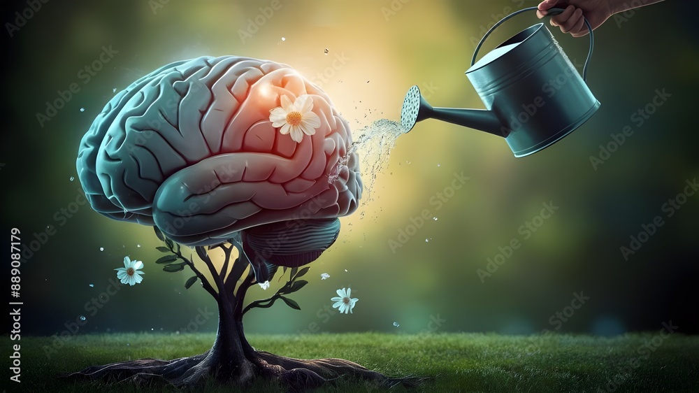 A human brain growing from the roots of a tree, pouring water onto the ...