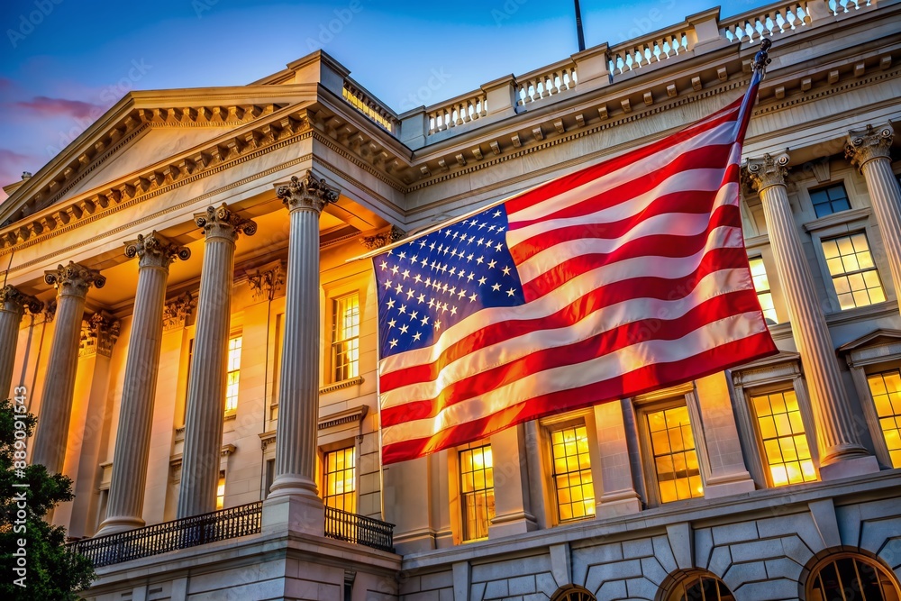 American flag proudly waving above iconic government building's ...