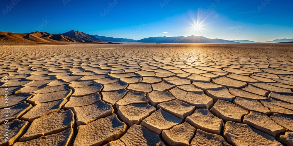 Dry, cracked earth stretches across a barren desert landscape, with ...