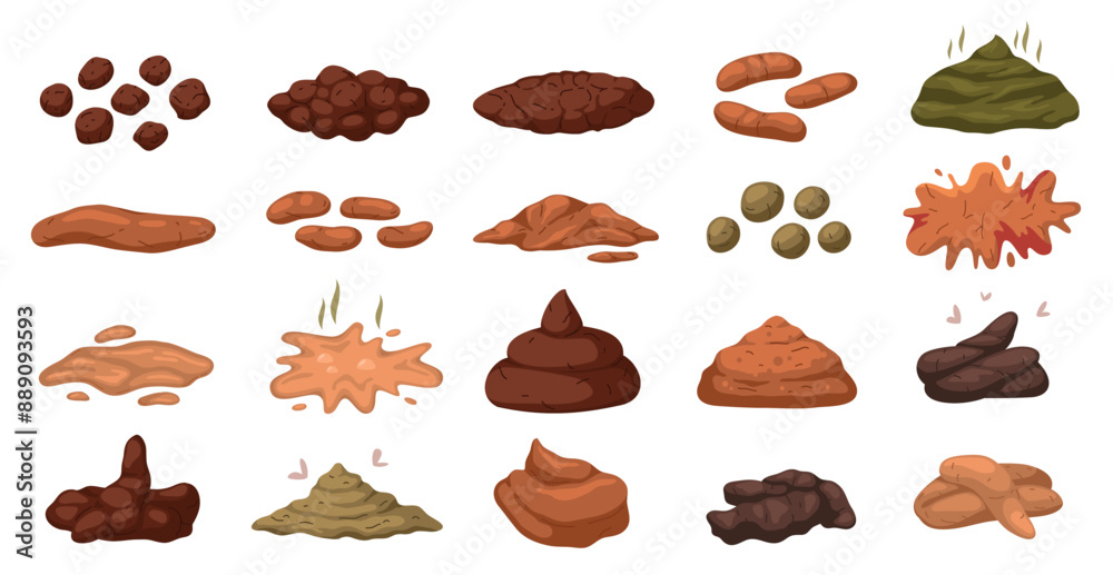 Cartoon poop elements. Animals, pets, dogs or humans excrements ...