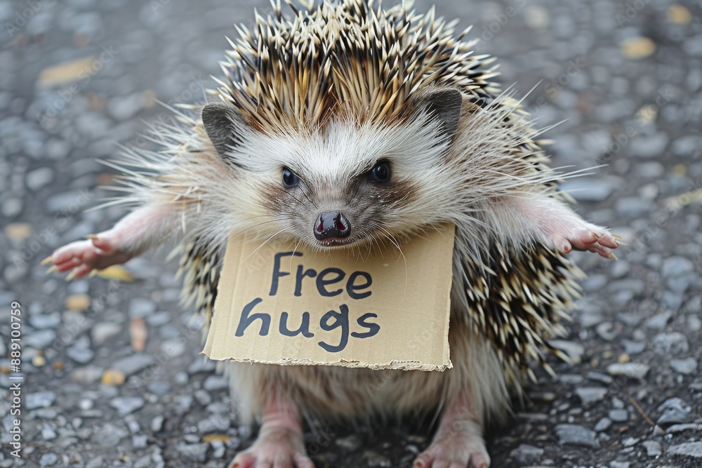 Cute hedgehog holding a Free Hugs sign made of cardboard, showcasing an ...
