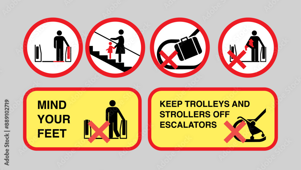 Escalator Signage Vector Graphics. Safety Warnings and Icons for Metro ...