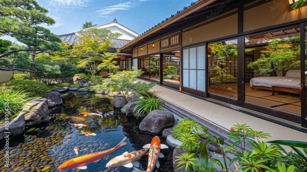 A charming Japanese ryokan with traditional tatami rooms, sliding shoji ...