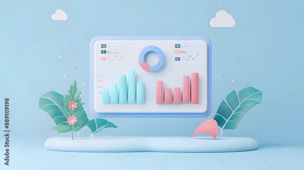 3D illustration of a pie chart and bar graph on a digital screen ...