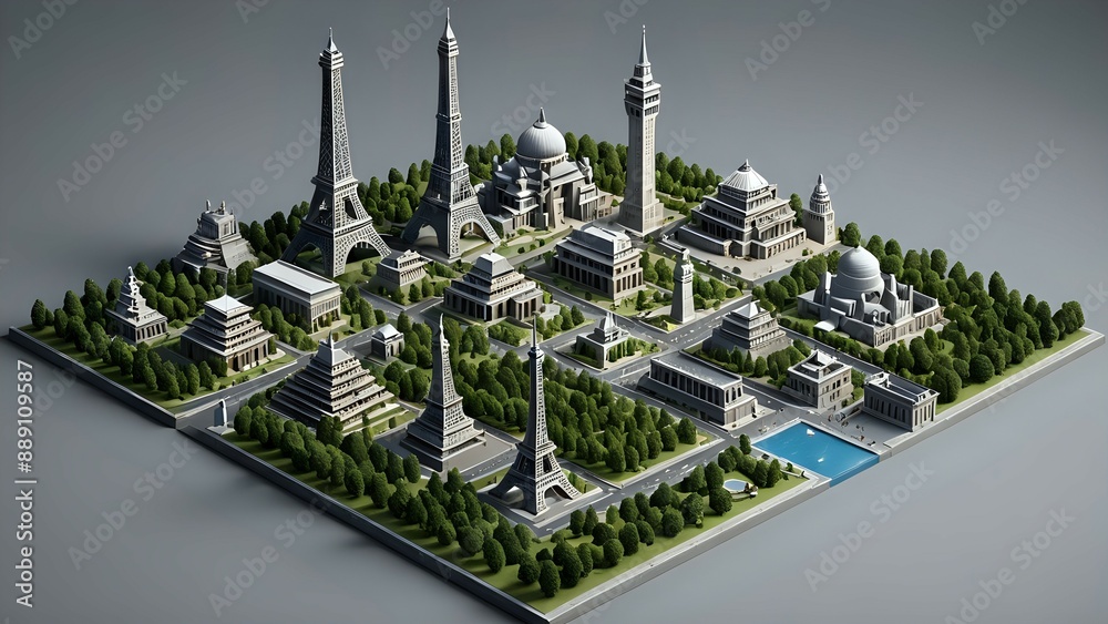 A miniature model of famous landmarks around the world, including the ...