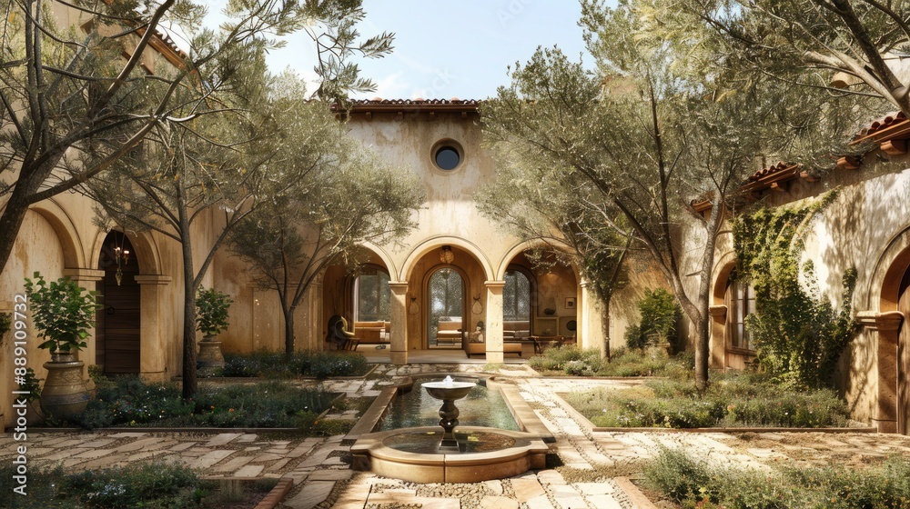 A charming Mediterranean villa with stucco walls, arched doorways, and ...