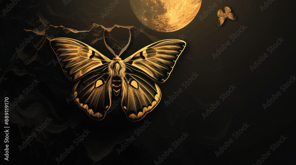 Golden moth on a mystical card, under the moonlight. Magic and ...
