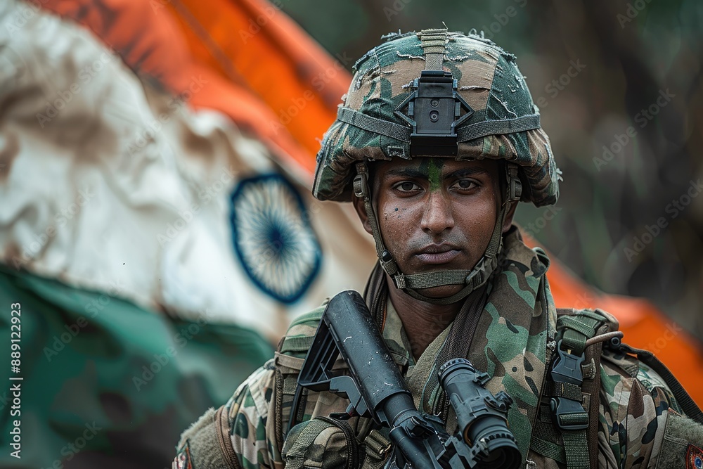 Indian soldier stands with flag background in military uniform Stock ...