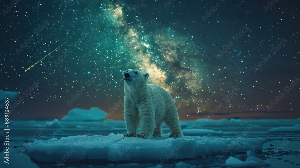 Polar Bear on Iceberg Under Starry Night Sky with Milky Way and ...
