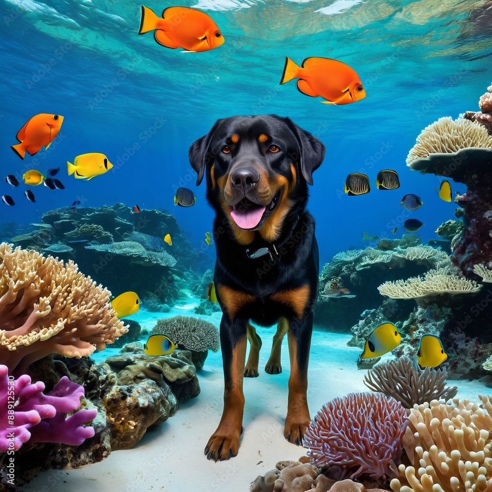 Rottweiler dog exploring a vibrant coral reef with tropical fish and ...