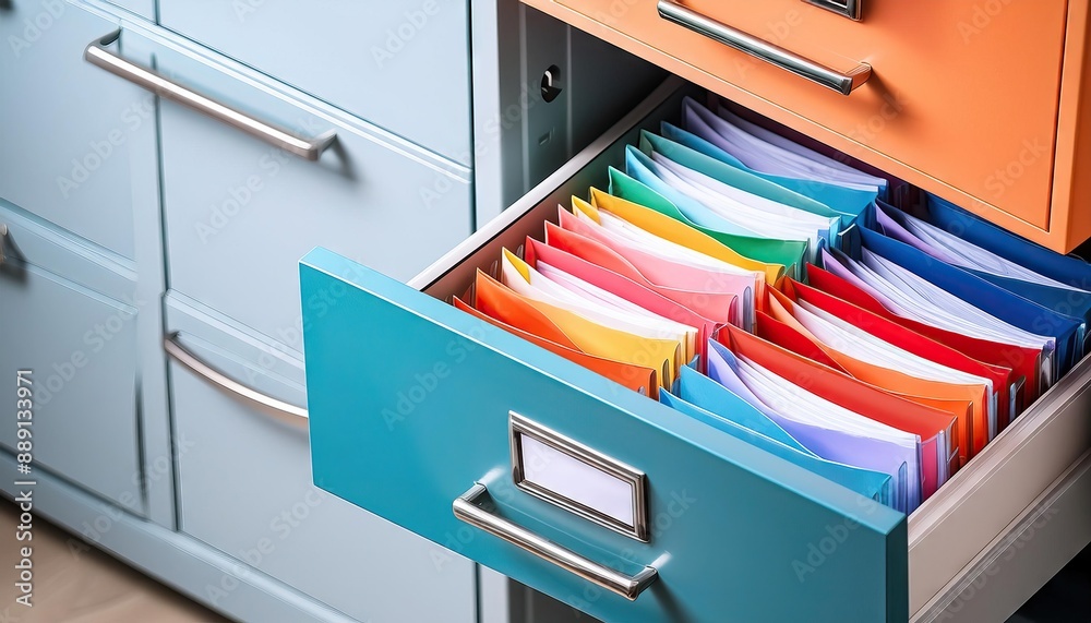 Closeup of open storage cabinet drawer with multicolored folders of ...