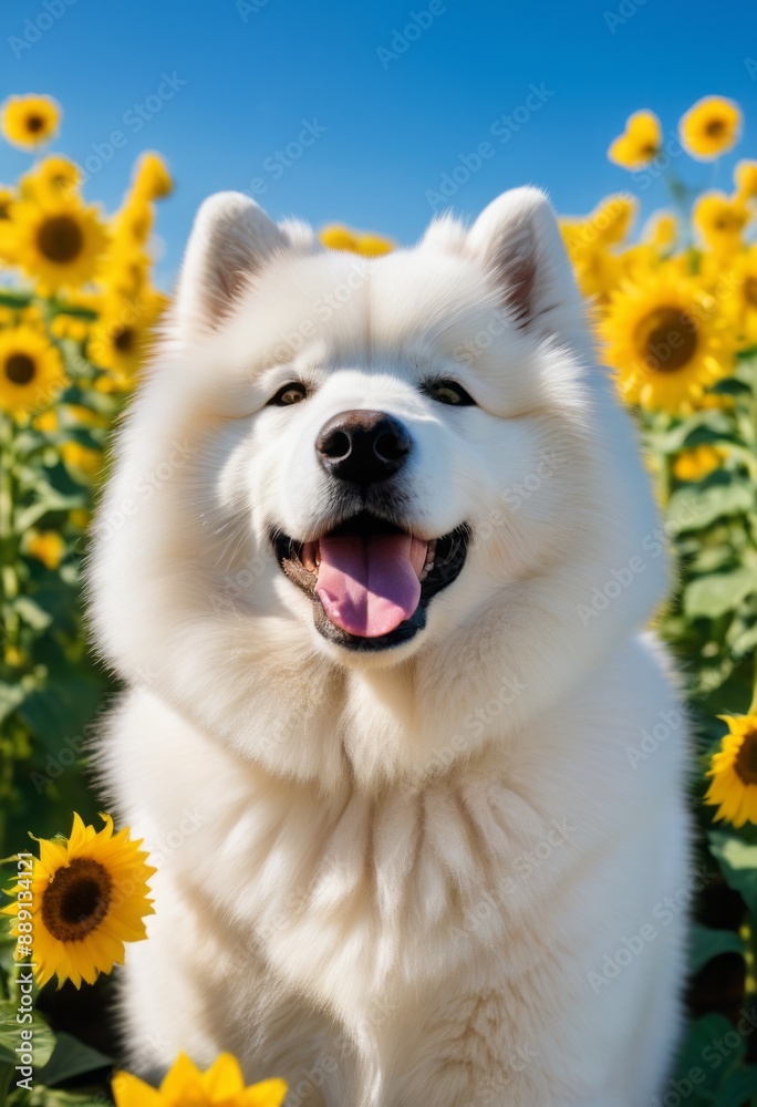 Samoyed standing proudly in a field of sunflowers, with bright yellow ...
