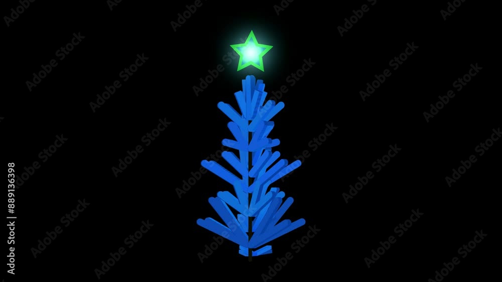Blue pine tree with green glowing Xmas star rotating around axe. 360 ...
