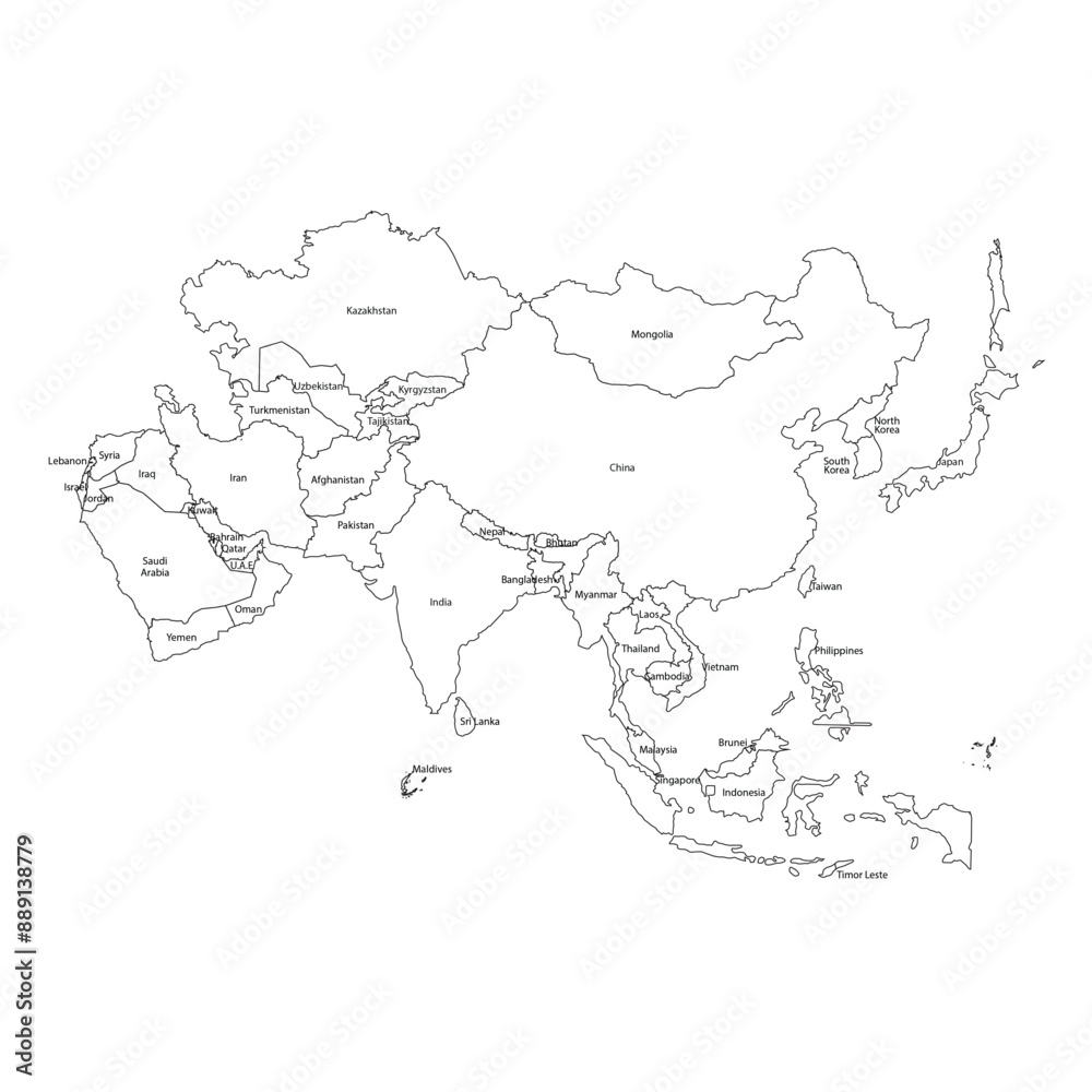 The Outline of the Asia Map is Named Vector Stock Vector | Adobe Stock