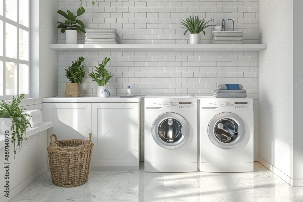 Clean Laundry Room with Modern Appliances and Open Shelving: A ...