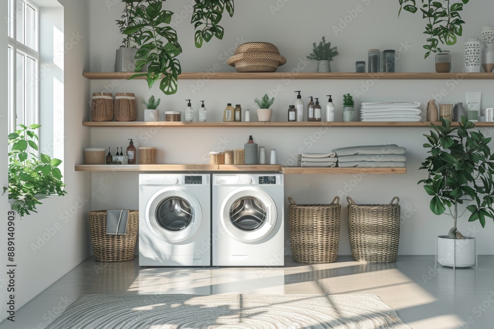 Clean Laundry Room with Modern Appliances and Open Shelving: A ...