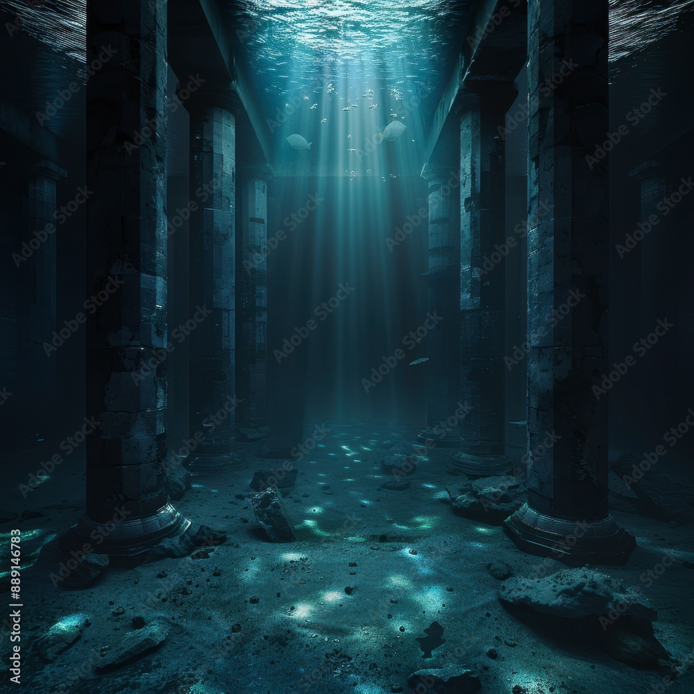 Sunken city with ancient ruins and glowing marine life, mysterious ...