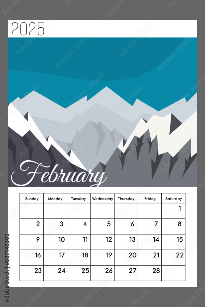Monthly planner template for February 2025. Calendar grid for notes ...