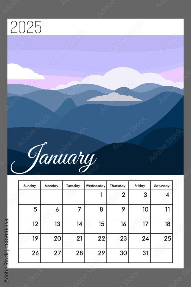 Monthly planner template for January 2025. Calendar grid for notes ...
