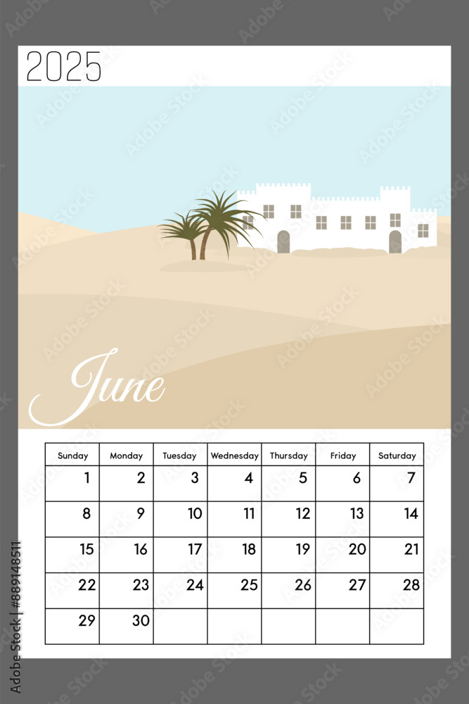 Monthly planner template for June 2025. Calendar grid for notes. Week ...