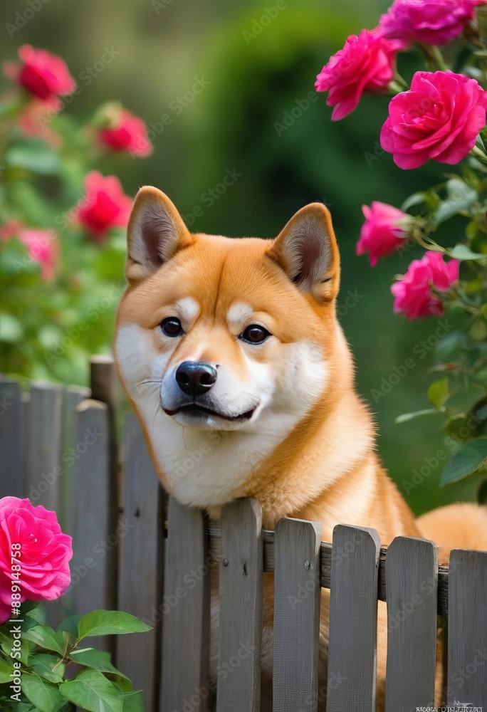 Shiba Inu peering through a wooden fence into a lush garden bursting ...