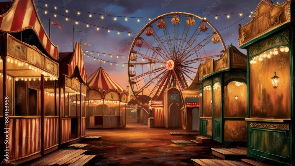 A vintage carnival at dusk, rendered in warm, golden oil paints ...