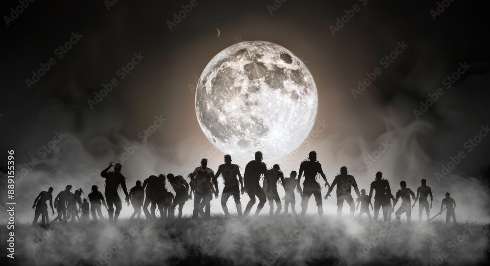 halloween background with zombie silhouettes in fog and full moon in ...