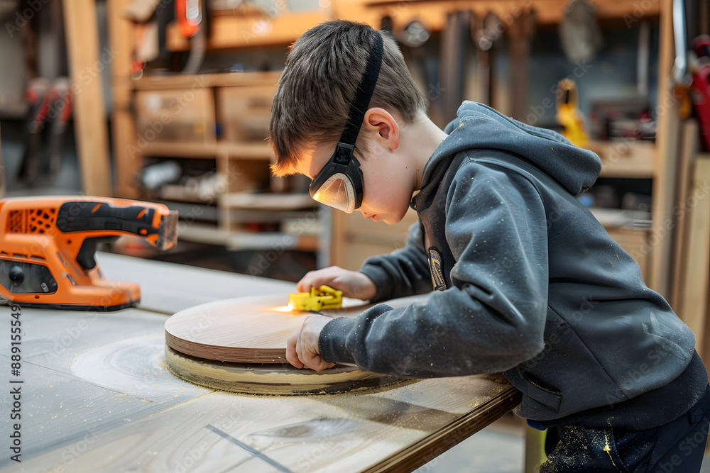 Side view of concentrated boy in casual clothes and goggles smoothing ...