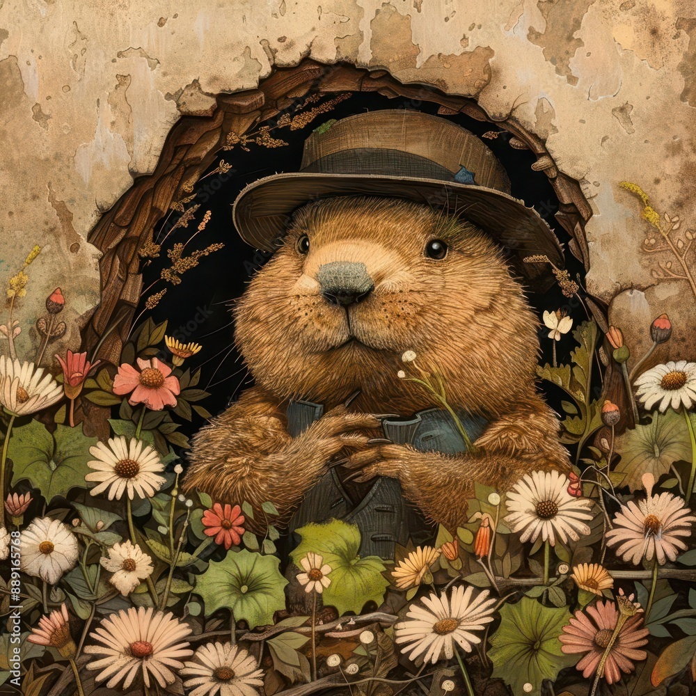 whimsical illustration of punxsutawney phil the famous groundhog ...
