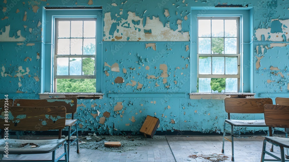 An empty classroom with bullet holes in the walls and overturned desks ...