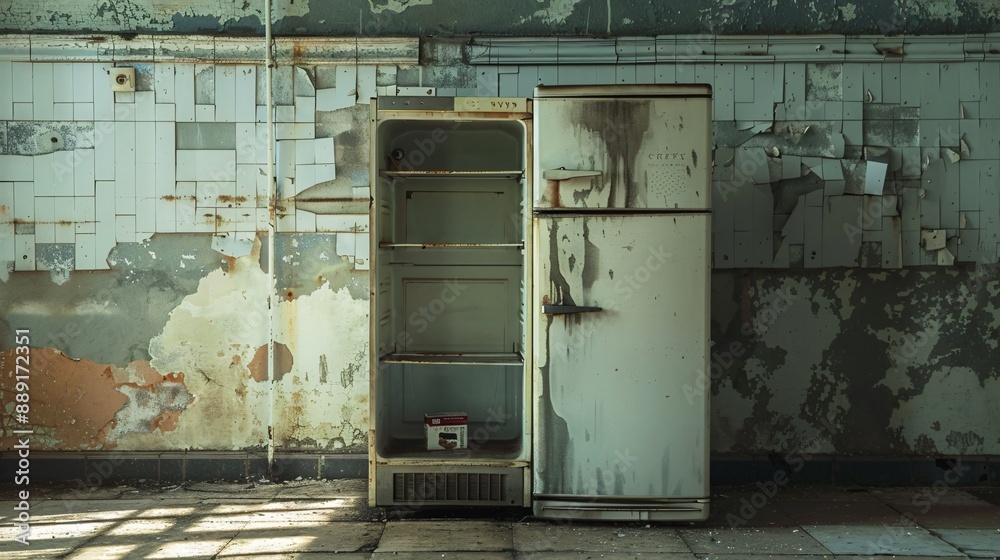 An empty fridge in a rundown kitchen, with a single milk carton inside ...