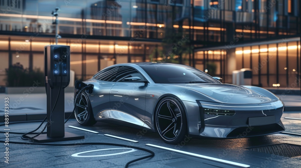 Charging a silver electric car embodies future transportation with an ...