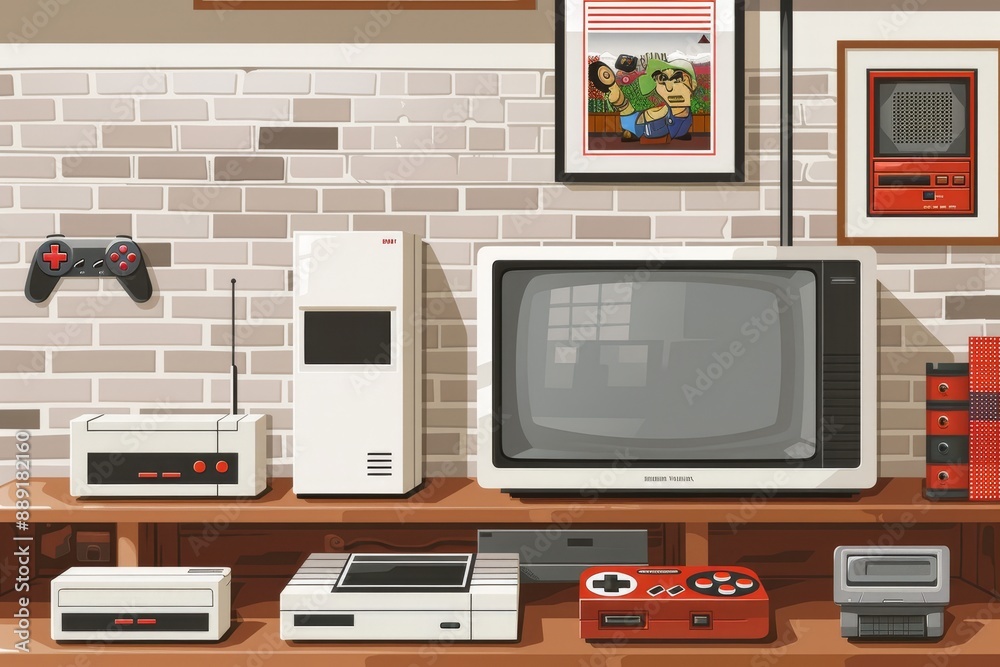 Retro gaming setup with vintage consoles and electronic devices ...