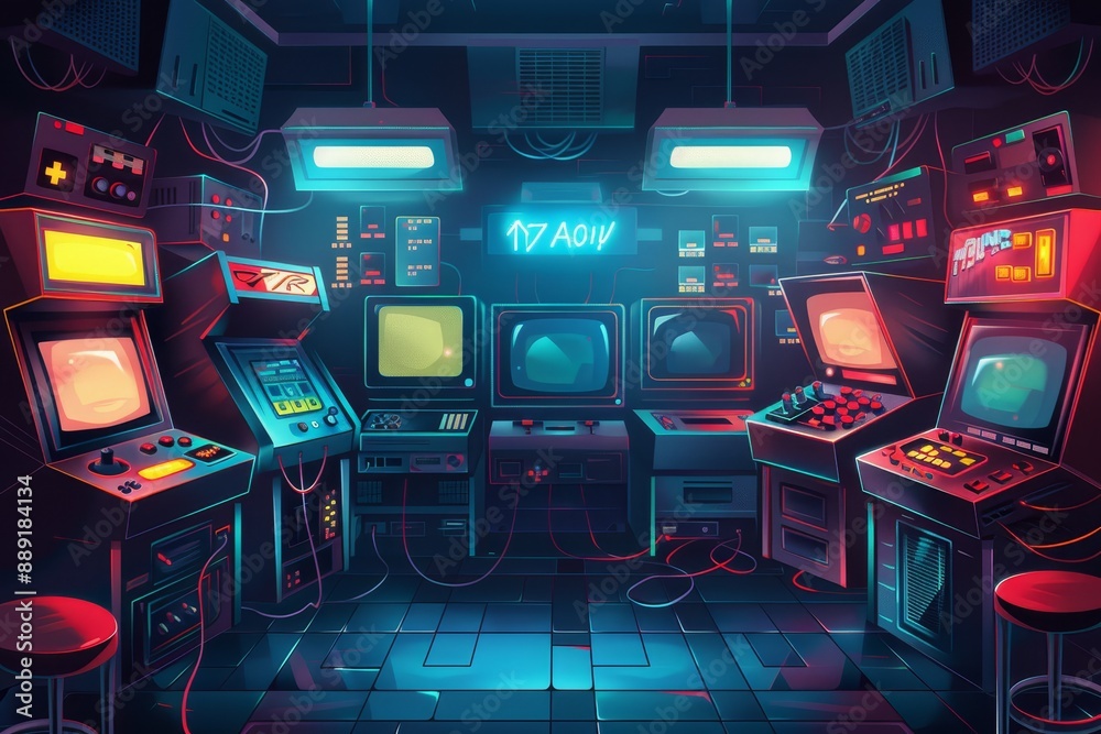 Retro arcade room with neon lights and vintage video game machines, capturing the classic and ...