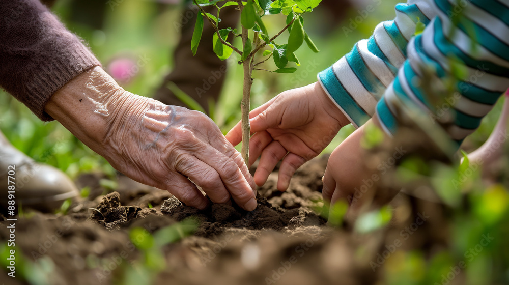 Grandparent and child planting a tree, nurturing and hands-on, left ...