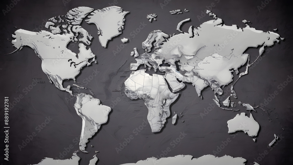 A world map, displaying all the continents in a grayscale color. The ...