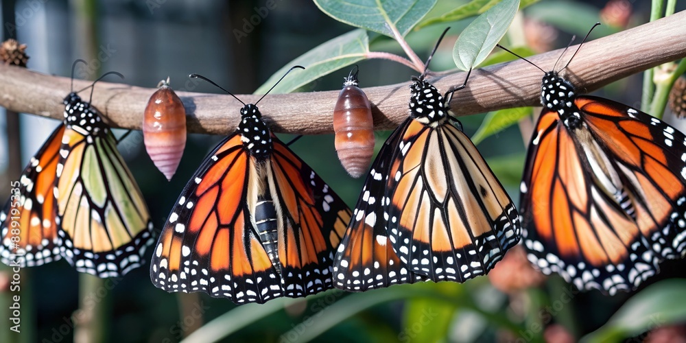 Monarch butterflies in various stages of metamorphosis hang from a ...