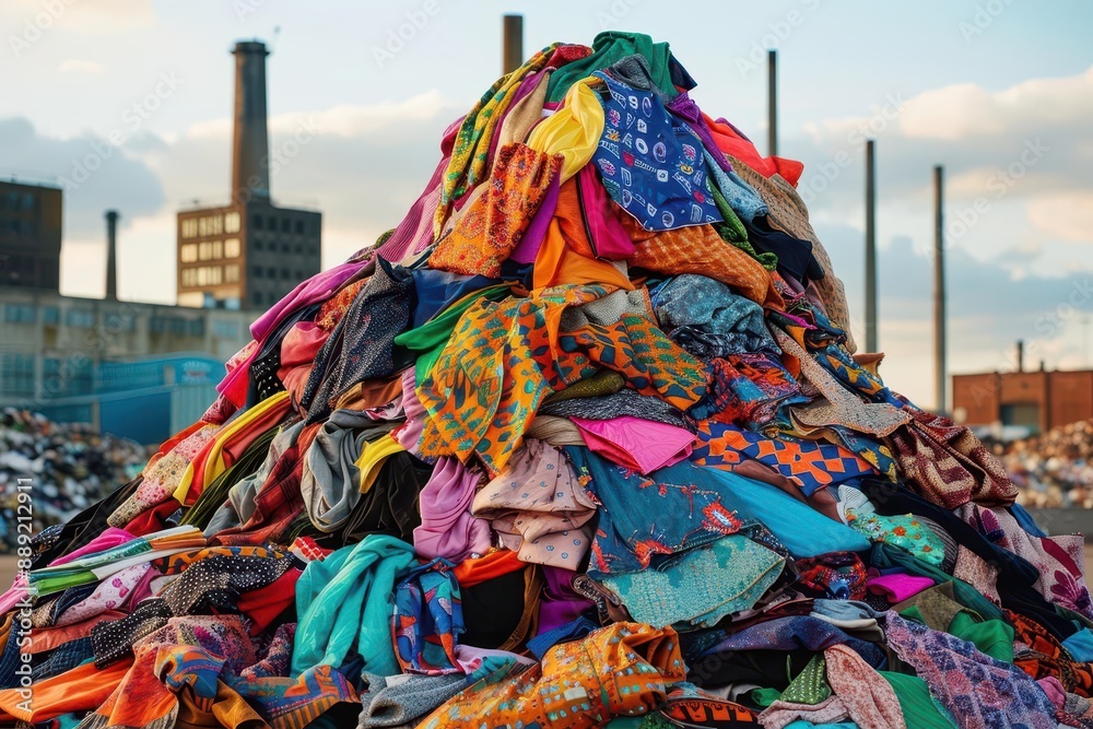 towering pile of discarded clothing in vibrant colors and patterns ...