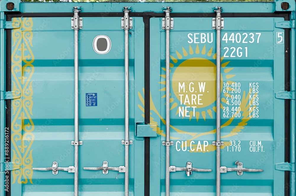 Kazakhstan flag depicted on metal doors of shipping cargo container ...
