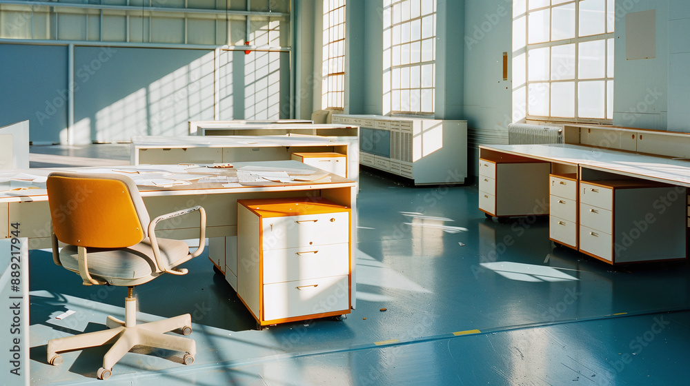 an abandoned office building with empty desks and broken windows ...