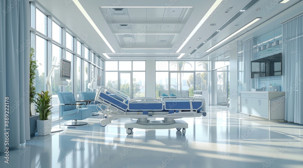An empty, modern hospital room with medical equipment, a bed, and ...