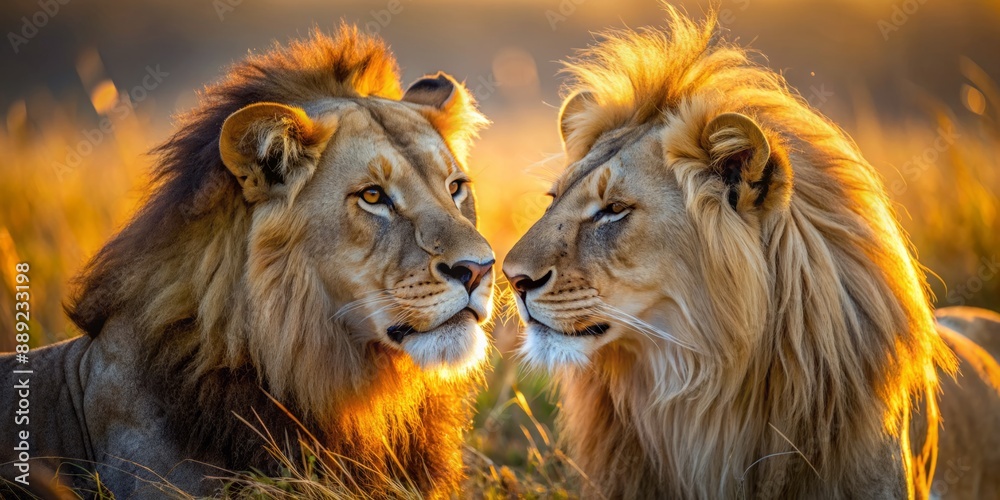 Majestic regal African lion pair tenderly nuzzle, lick, and cuddle with ...