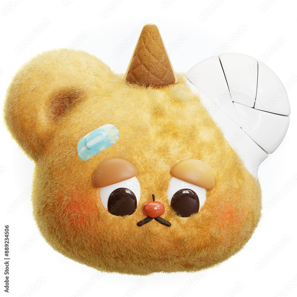 Injured bear with head bandage wrapped around his ear, cute cartoon 3D ...