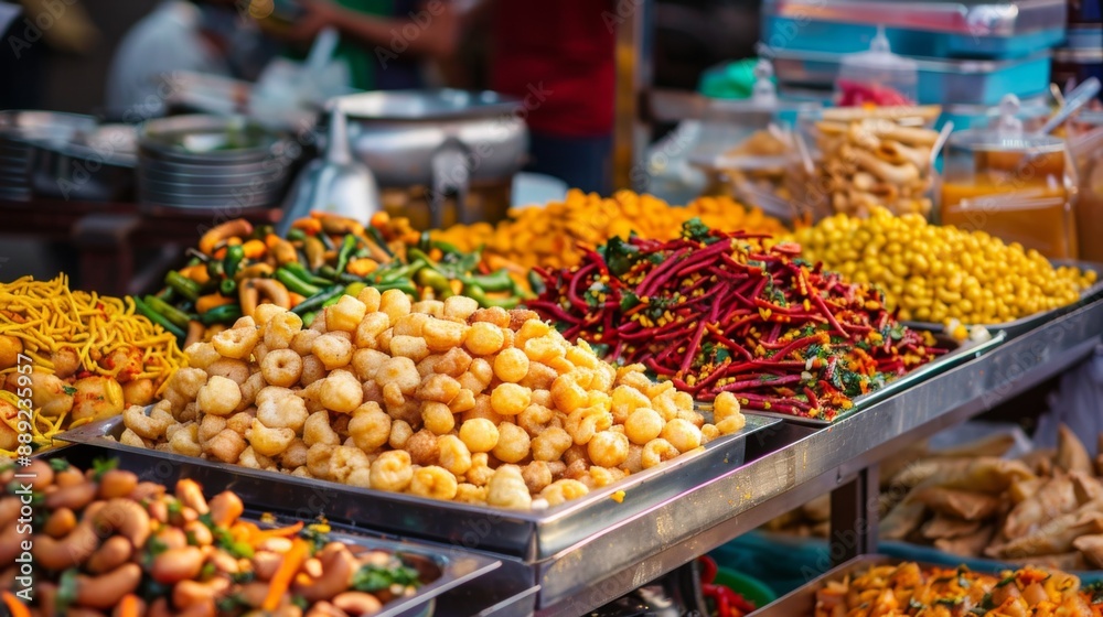 Colorful display of Indian street food snacks like chaat, vada pav, and ...