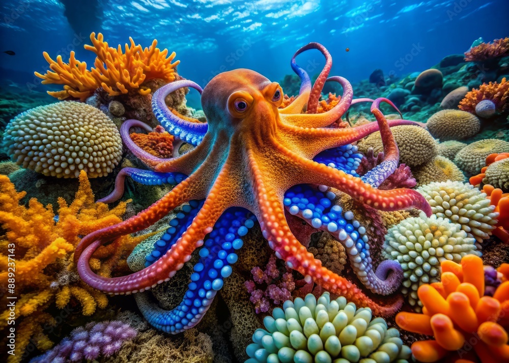 Vibrant orange and blue octopus seamlessly blends into surrounding ...